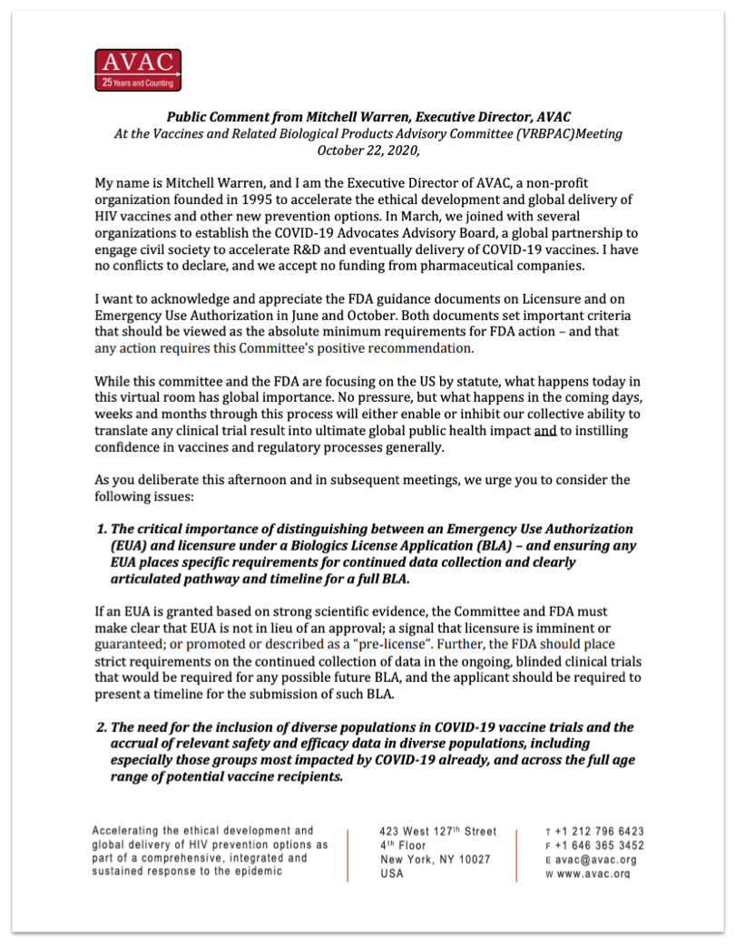 Public Comment from Mitchell Warren, Executive Director, AVAC At the ...